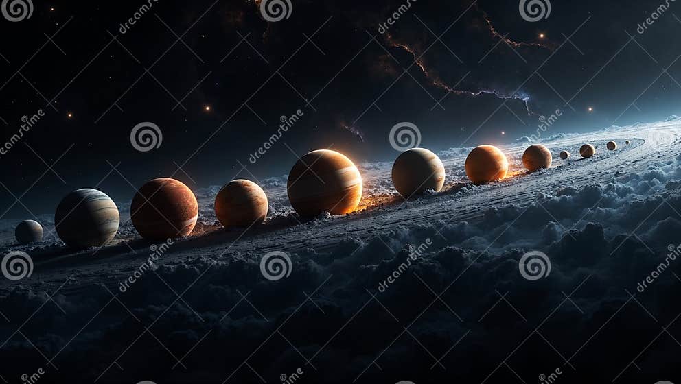 Astounding Planetary Alignment in Deep Space Stock Illustration ...