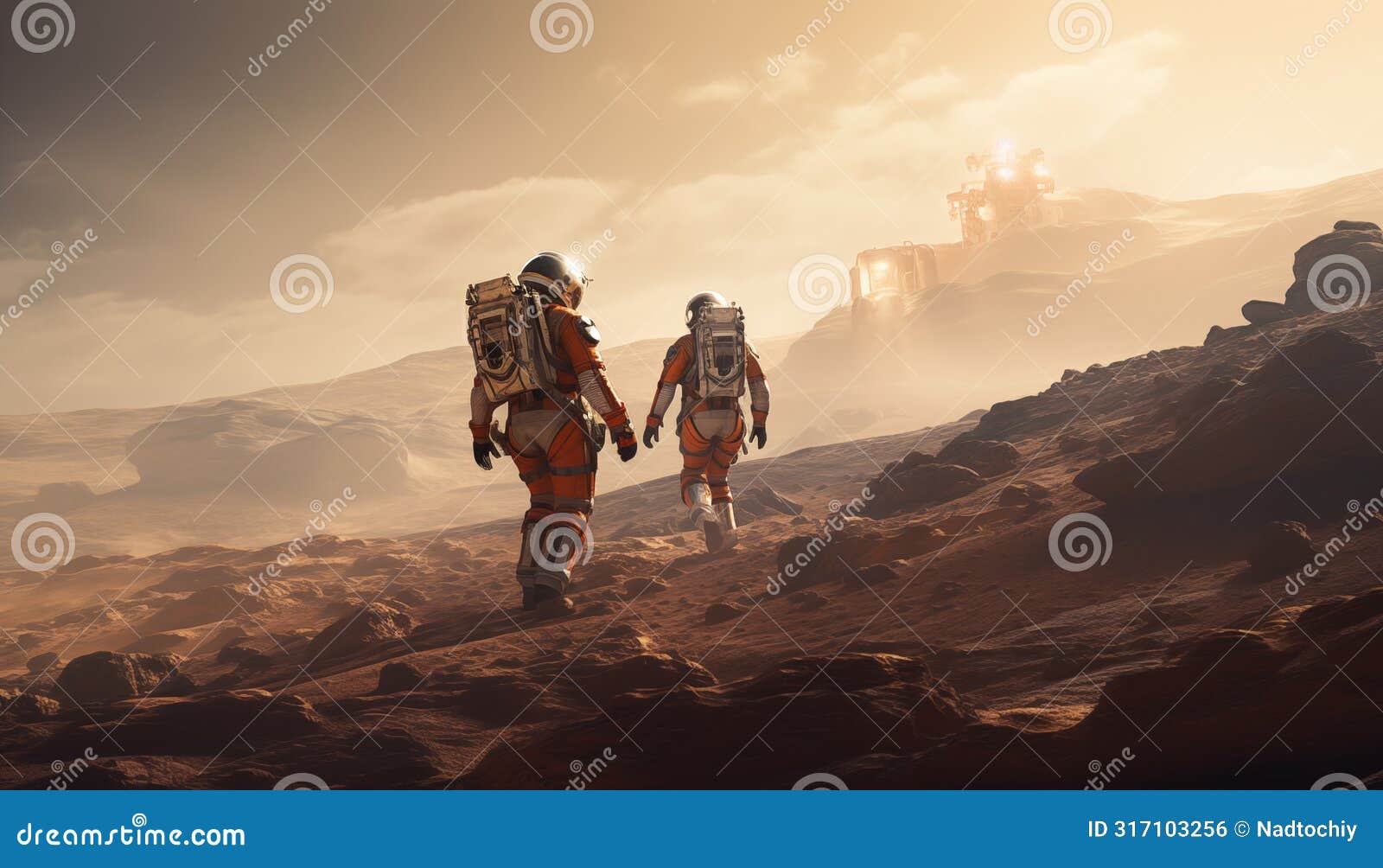 Astral Explorers: Two Astronauts Exploring Mars in Space Suits Stock ...