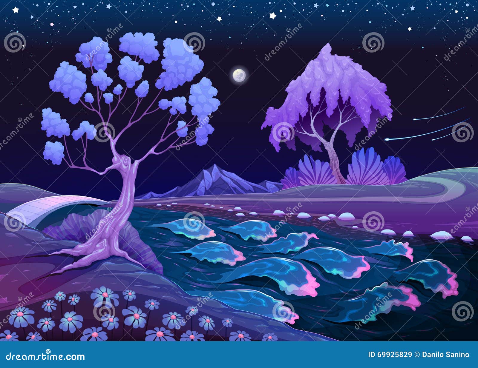 Astral Landscape with Trees and River in the Night Stock Vector ...