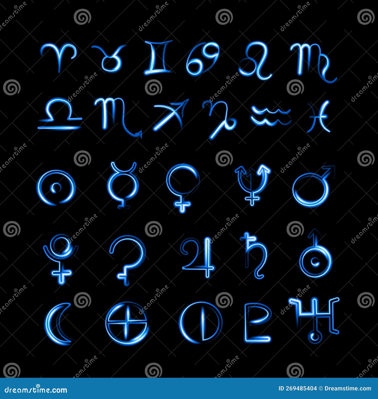 Astrological Set of Zodiac Signs and Planets with Neon Effect. Stock ...