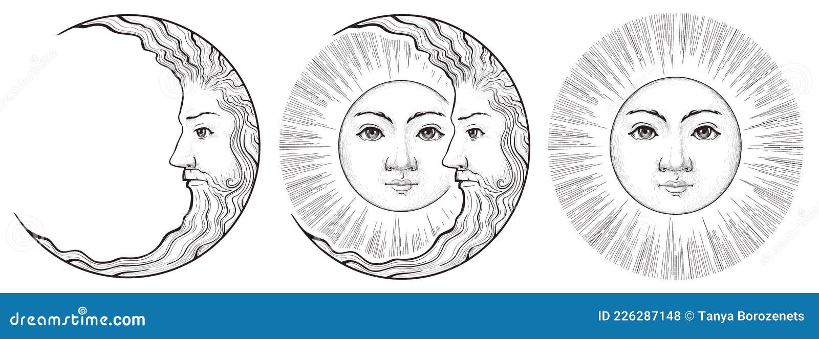 Astrology Sign with Human Face. Sun and Crescent Moon with Face. Stock ...