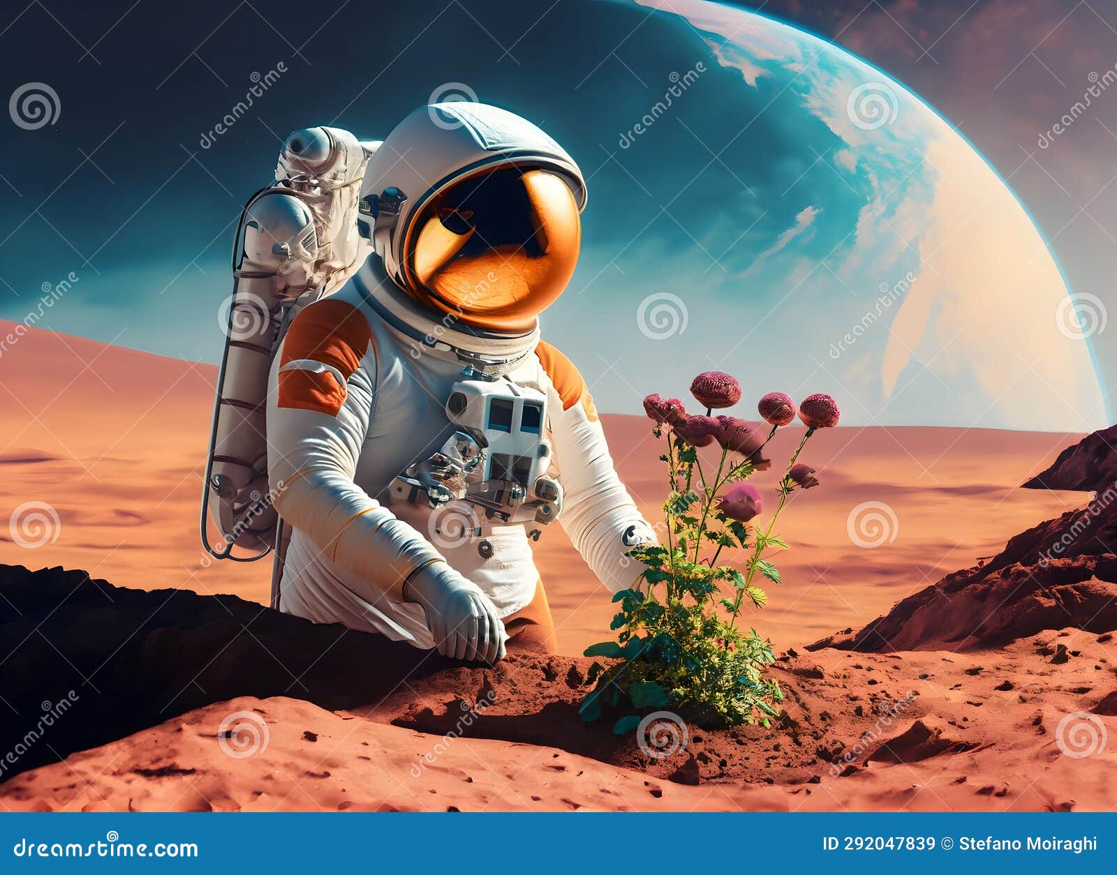 Astronatut Growing Plants in an Unknown Planet Stock Illustration ...