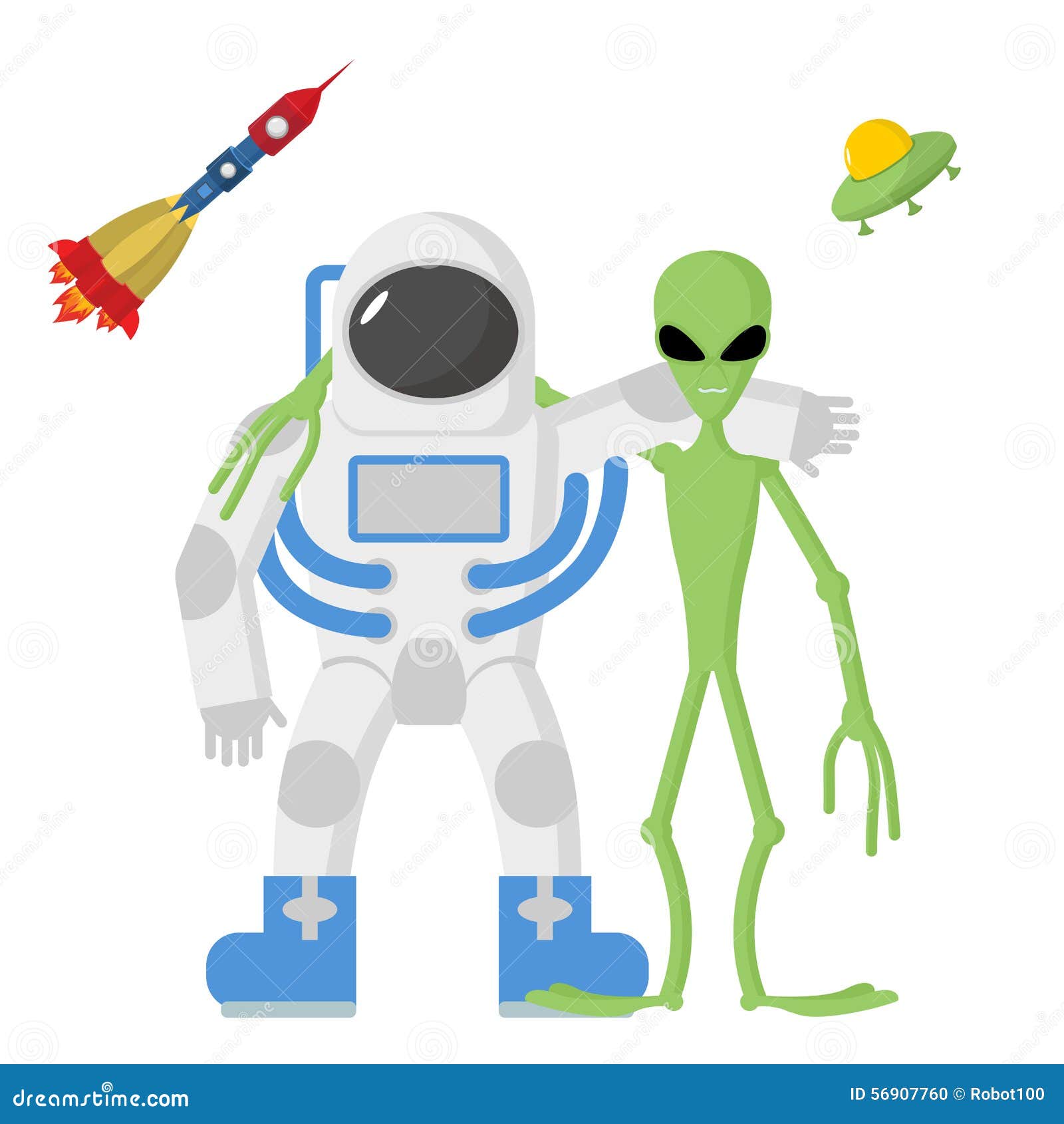 Astronaut and Alien Friends on a White Background. Vector Illust Stock ...