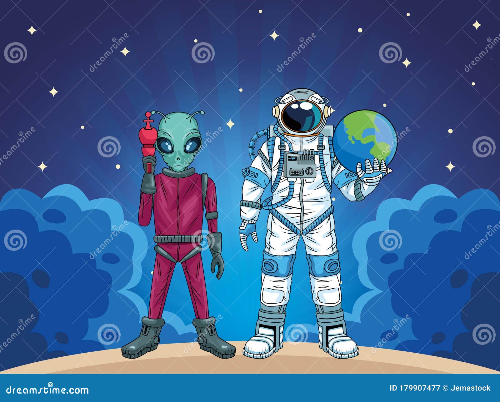 Astronaut and Alien in the Space Characters Stock Vector - Illustration ...