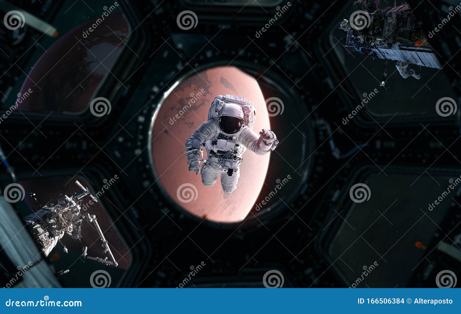 Astronaut on Background of Mars. Solar System. View from Porthole of ...