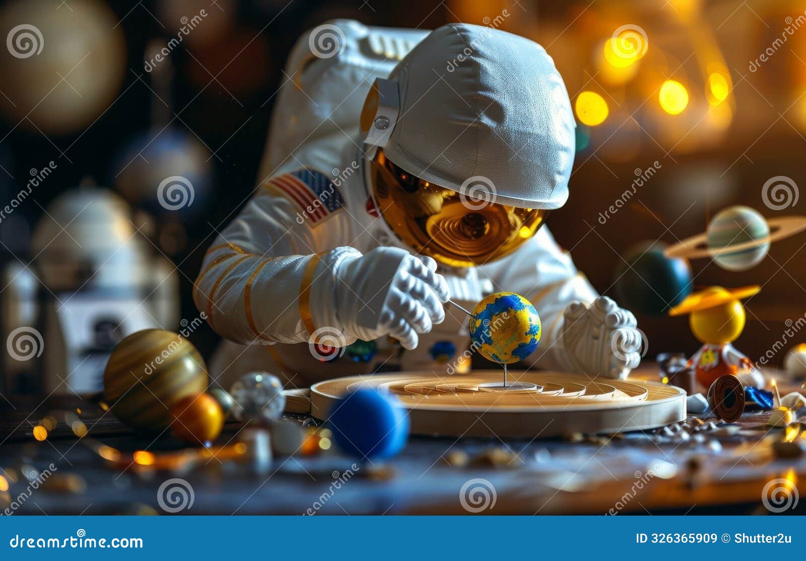 The Astronaut Building a Model of the Solar System Stock Illustration ...