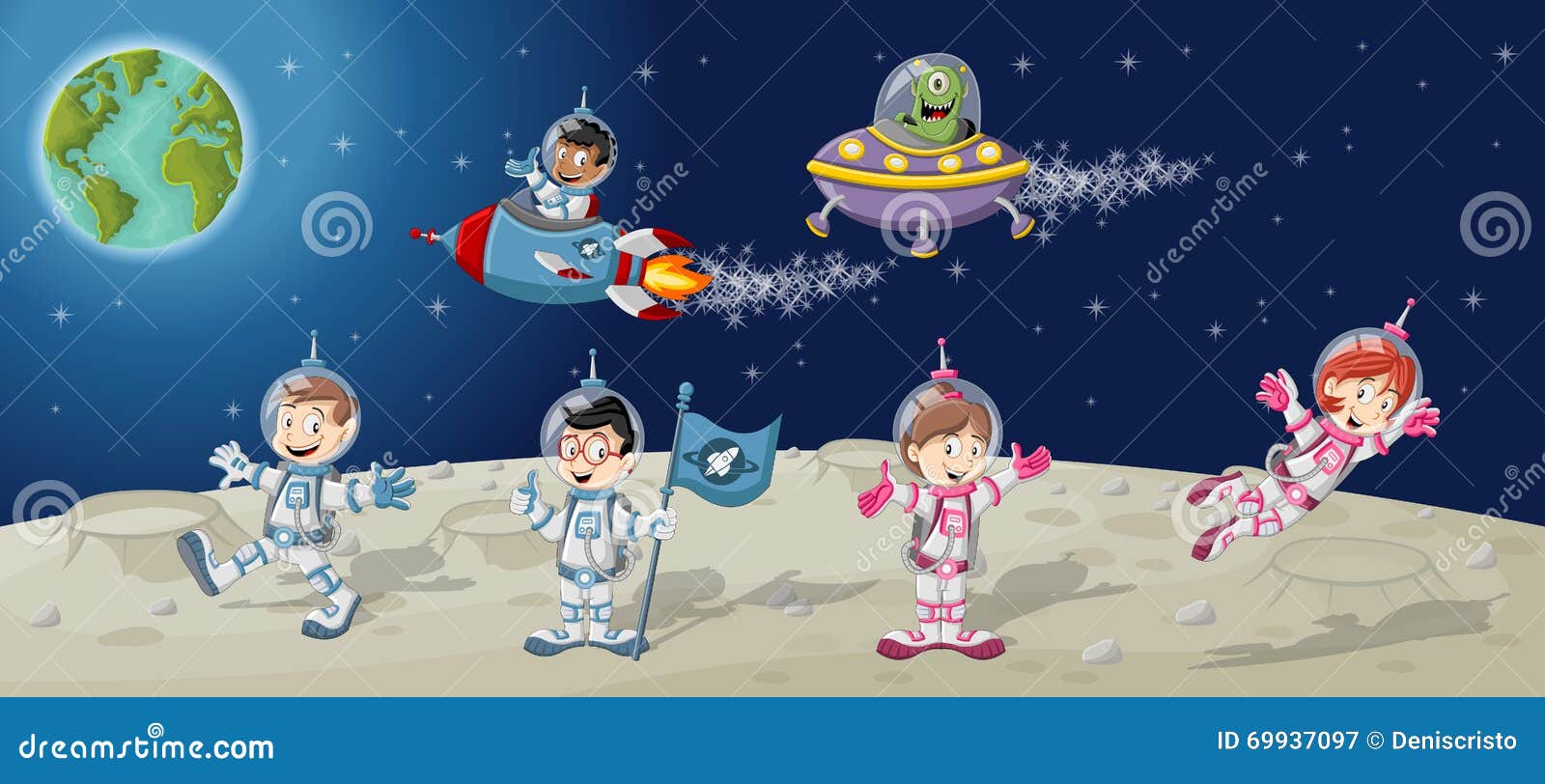 Astronaut Cartoon Characters on the Moon Stock Vector - Illustration of ...