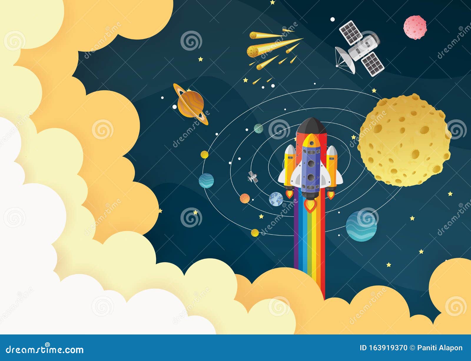 Astronaut Cartoon on the Moon with a Spaceship in Space Stock Vector ...