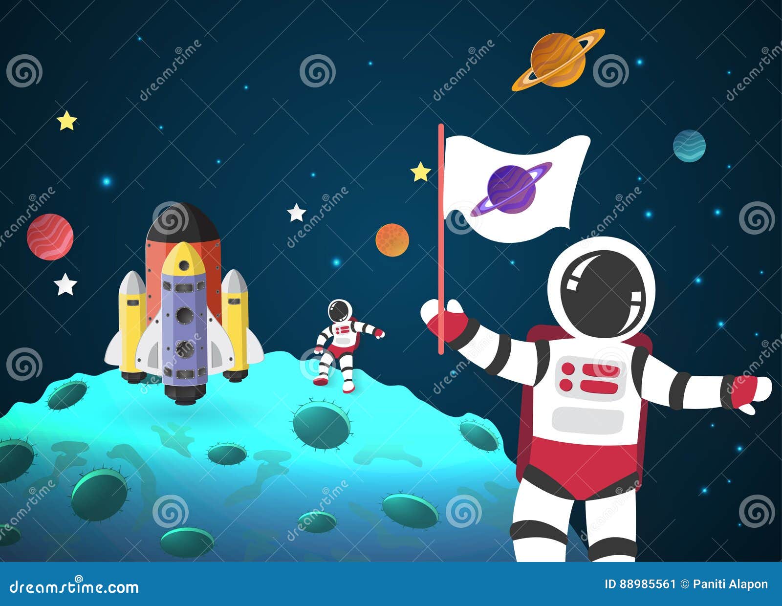 Astronaut Cartoon on the Moon with a Spaceship in Space Stock Vector ...