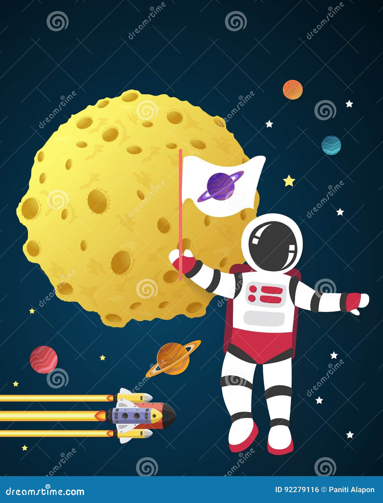 Astronaut Cartoon on the Moon with a Spaceship in Space Stock Vector ...