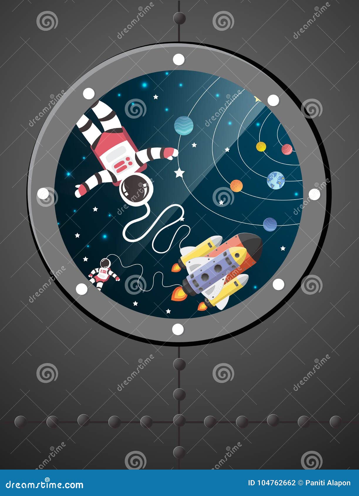 Astronaut Cartoon with a Spaceship and Orbit in Windows,paper Ar Stock ...