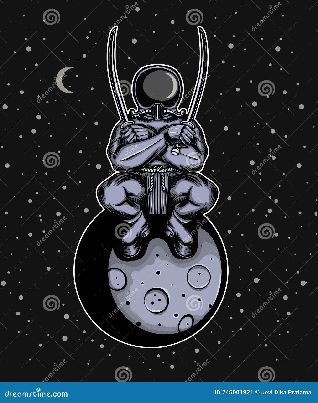 The Astronaut Character Sits on the Moon with Two Swords Stock Vector ... The Astronaut Character Sits on the Moon with Two Swords Stock Vector ...