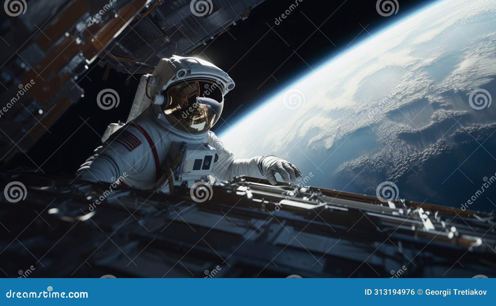 Astronaut Conducts Crucial Spaceship Repair In Cosmic Void Stock Image ...