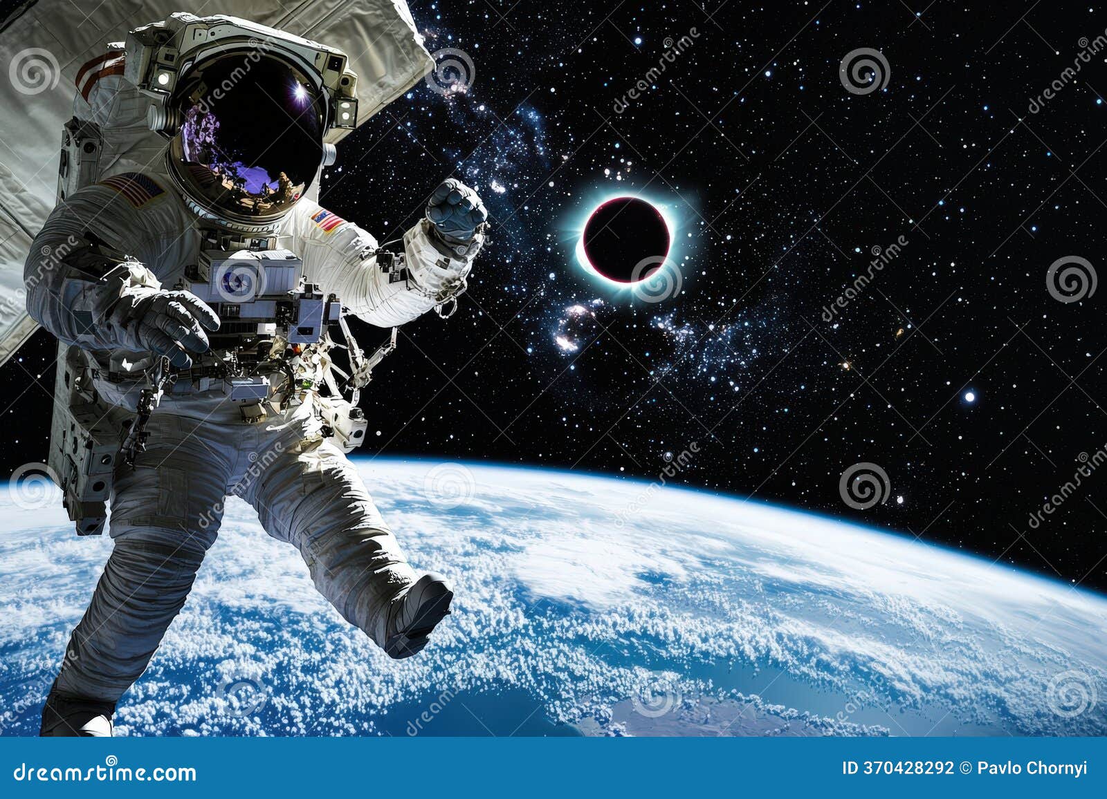 Astronaut Conducts Crucial Spaceship Repair In Cosmic Void Stock Image ...