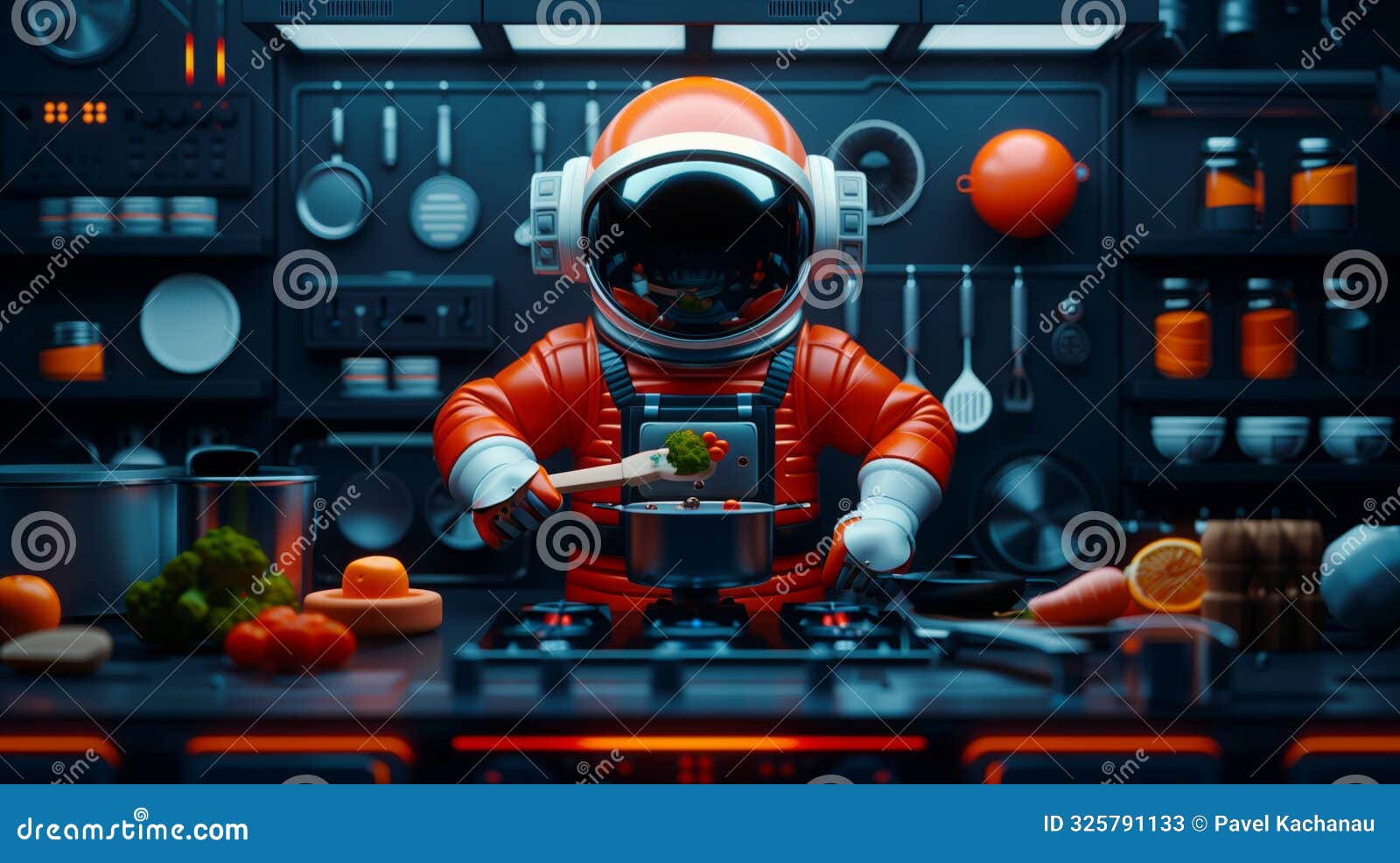 An Astronaut Cooks Food in a Spaceship Kitchen, Floating in Zero ...