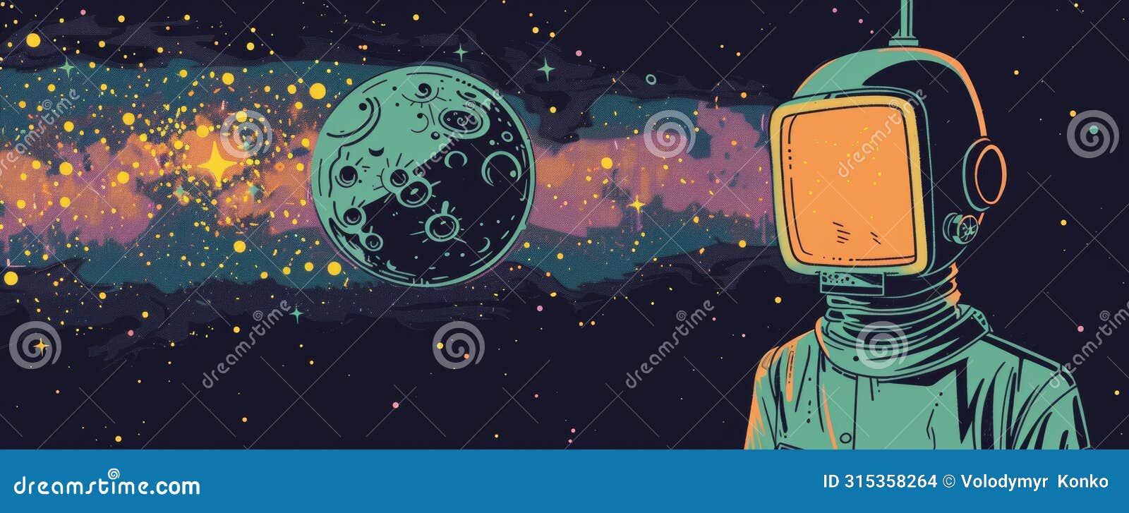 Astronaut with Cosmic Television Head in Psychedelic Space Stock Photo ...