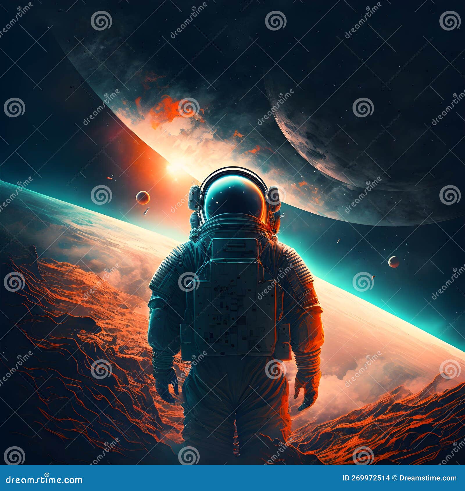 Astronaut in Cosmos stock illustration. Illustration of helmet - 269972514