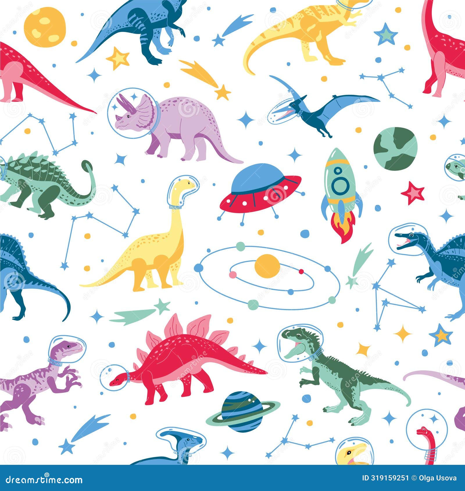 Astronaut Dinosaur Character Design. Cute Space Seamless Pattern ...