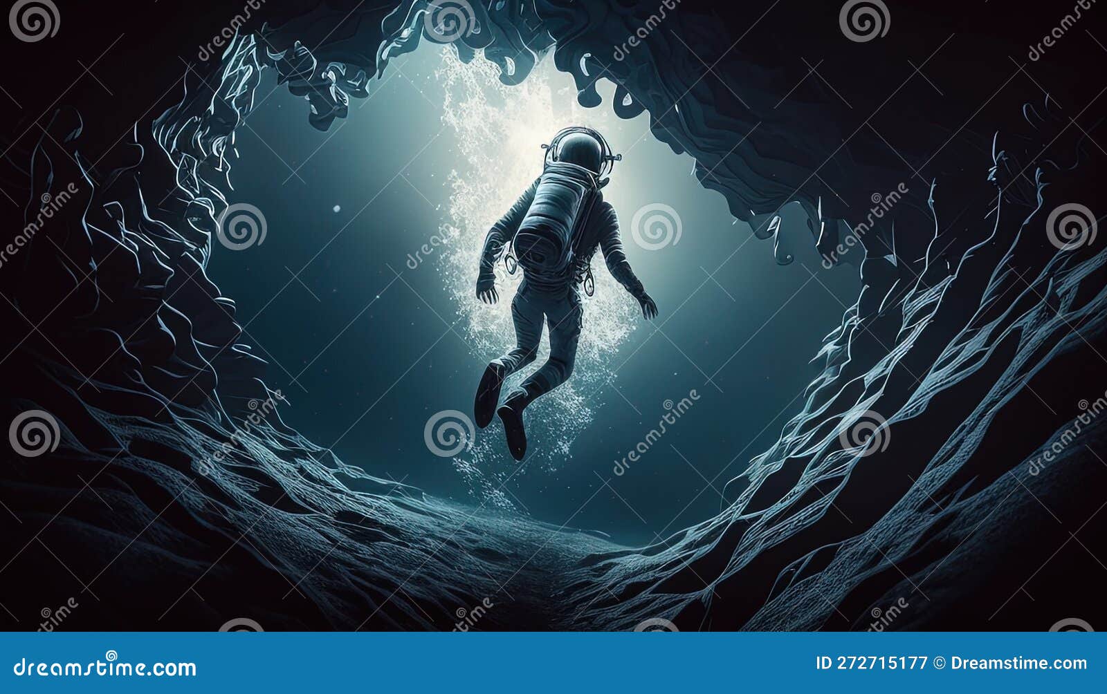 Astronaut Diving into a Deep Abyss, Digital Art Illustration ...