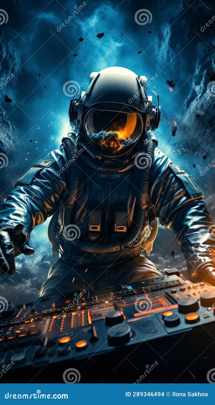 Astronaut dj in deep space stock photo. Image of orbit - 289346494