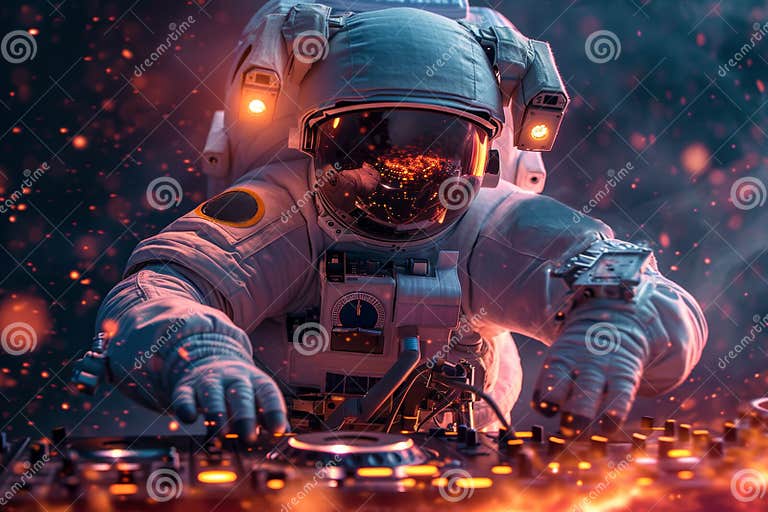 An Astronaut DJ with a Record Player in Space. 3d Illustration Stock ...