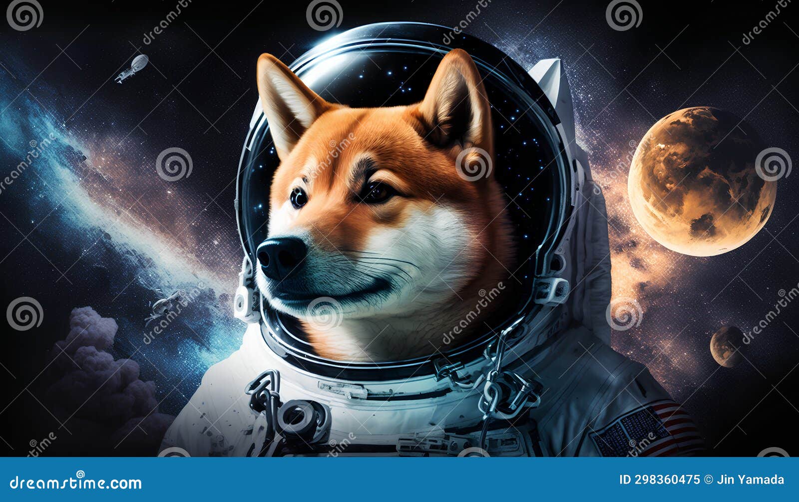 Astronaut Dog in a Spacesuit Against the Background of the Outer Space ...