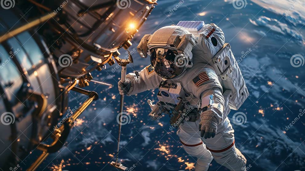 Astronaut Doing Repair Work in Orbit. Stock Illustration - Illustration of floating, earth ...