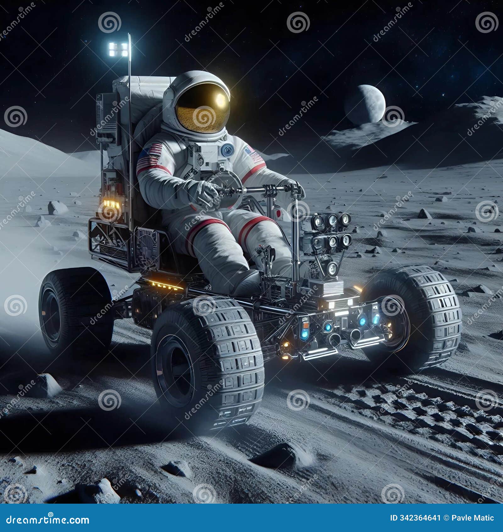 Astronaut Driving A Lunar Rover On The Moon's Surface With Earth In The ...