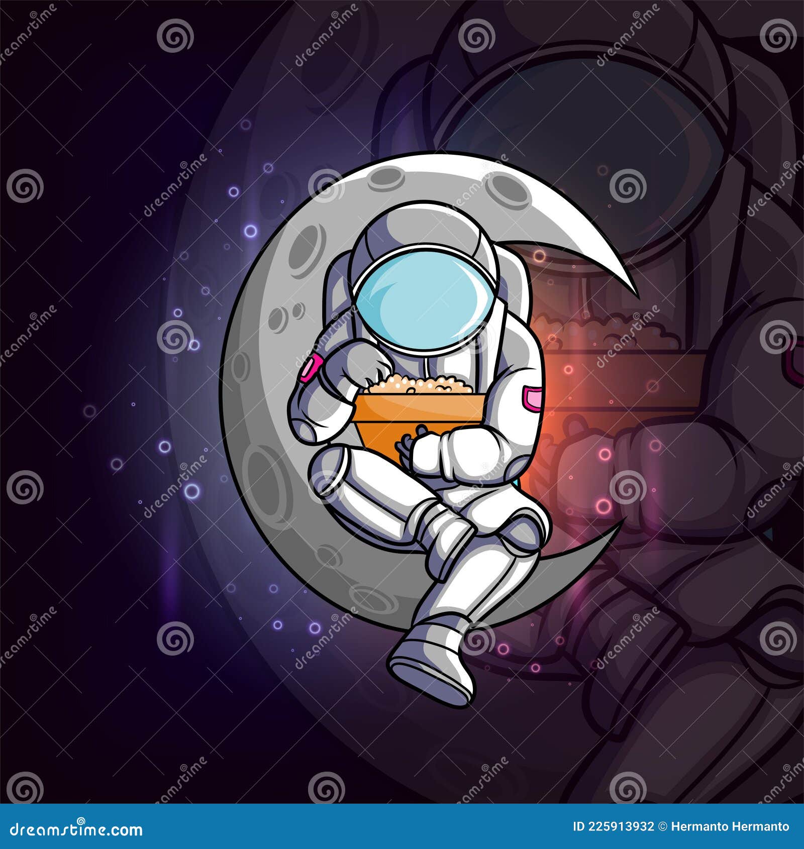 The Astronaut Eating the Popcorn and Sitting on the Moon Stock Vector ...
