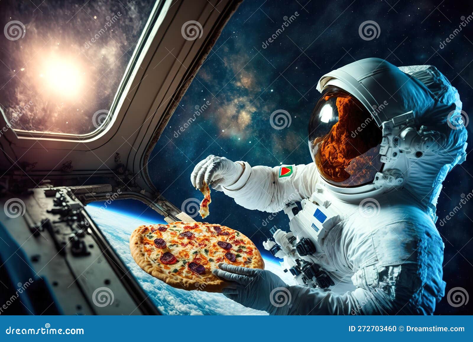 An Astronaut Eats Pizza on a Space Station Overlooking Space ...