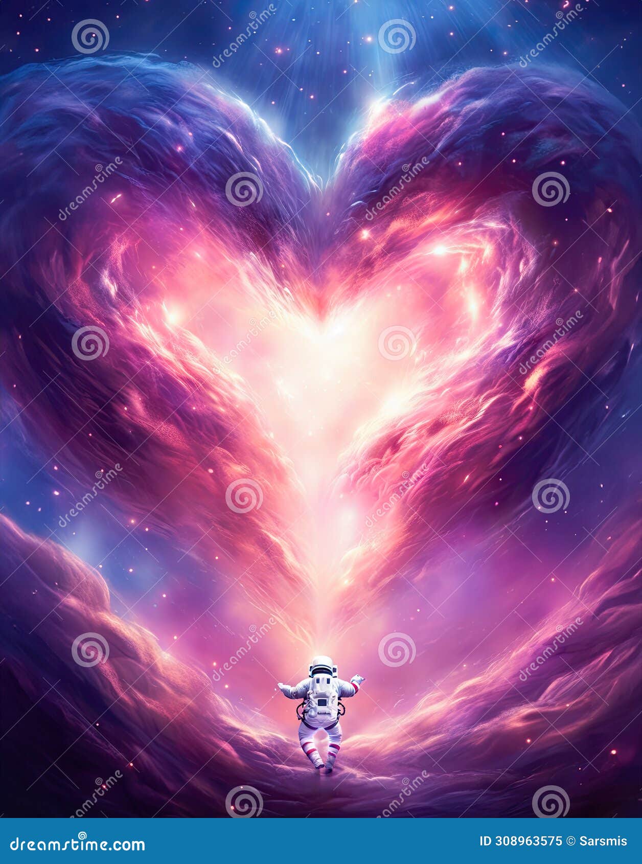 Astronaut Embracing the Cosmic Heart Nebula Stock Illustration ...