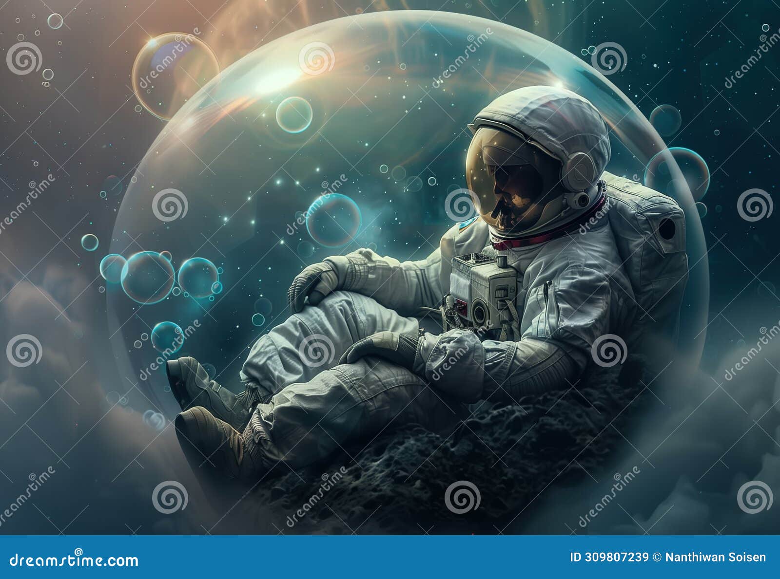 An Astronaut is Enclosed in a Transparent Bubble, Floating in the ...