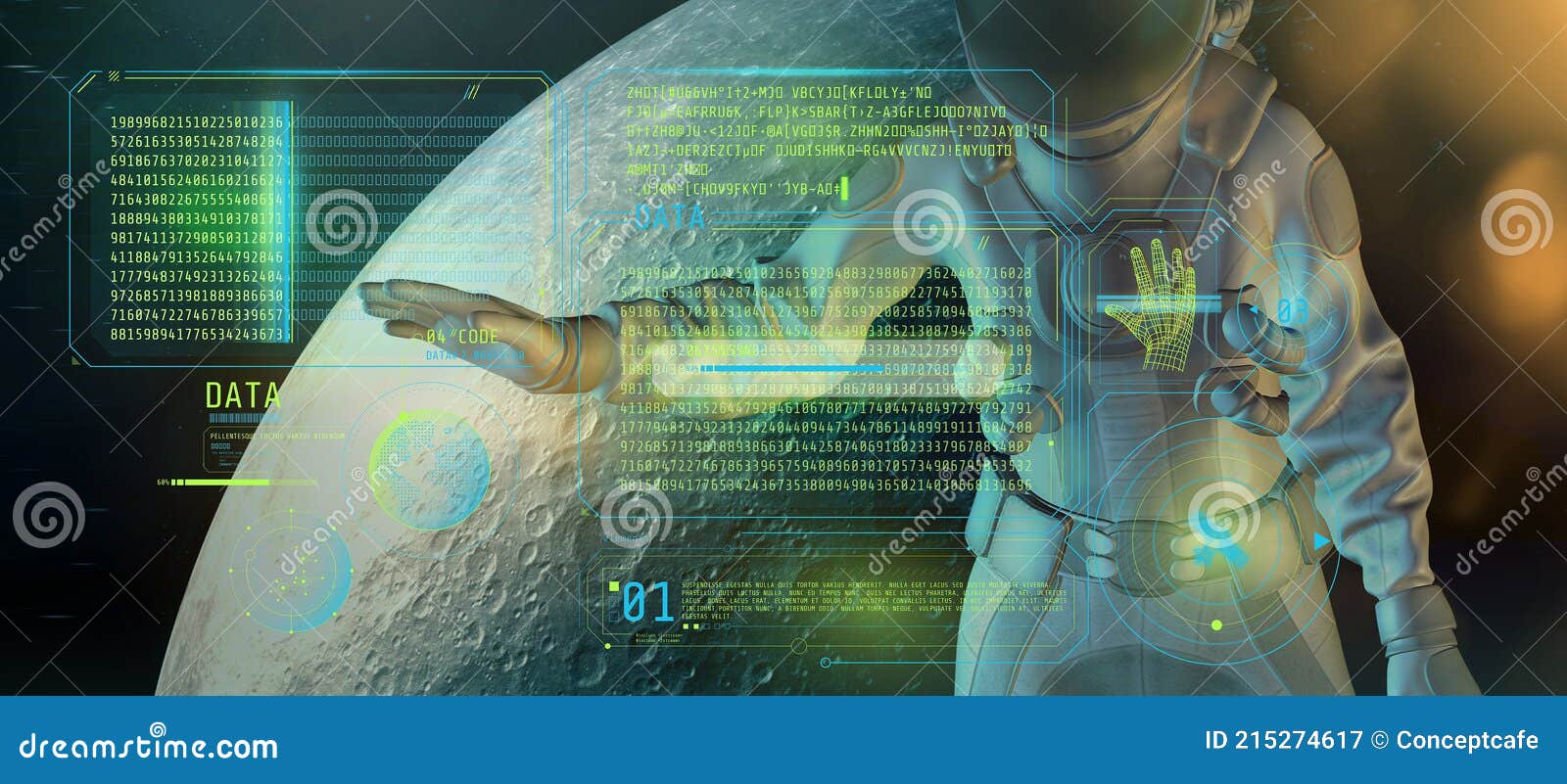 An Astronaut Examines an Array of Coded Data. Stock Illustration ...
