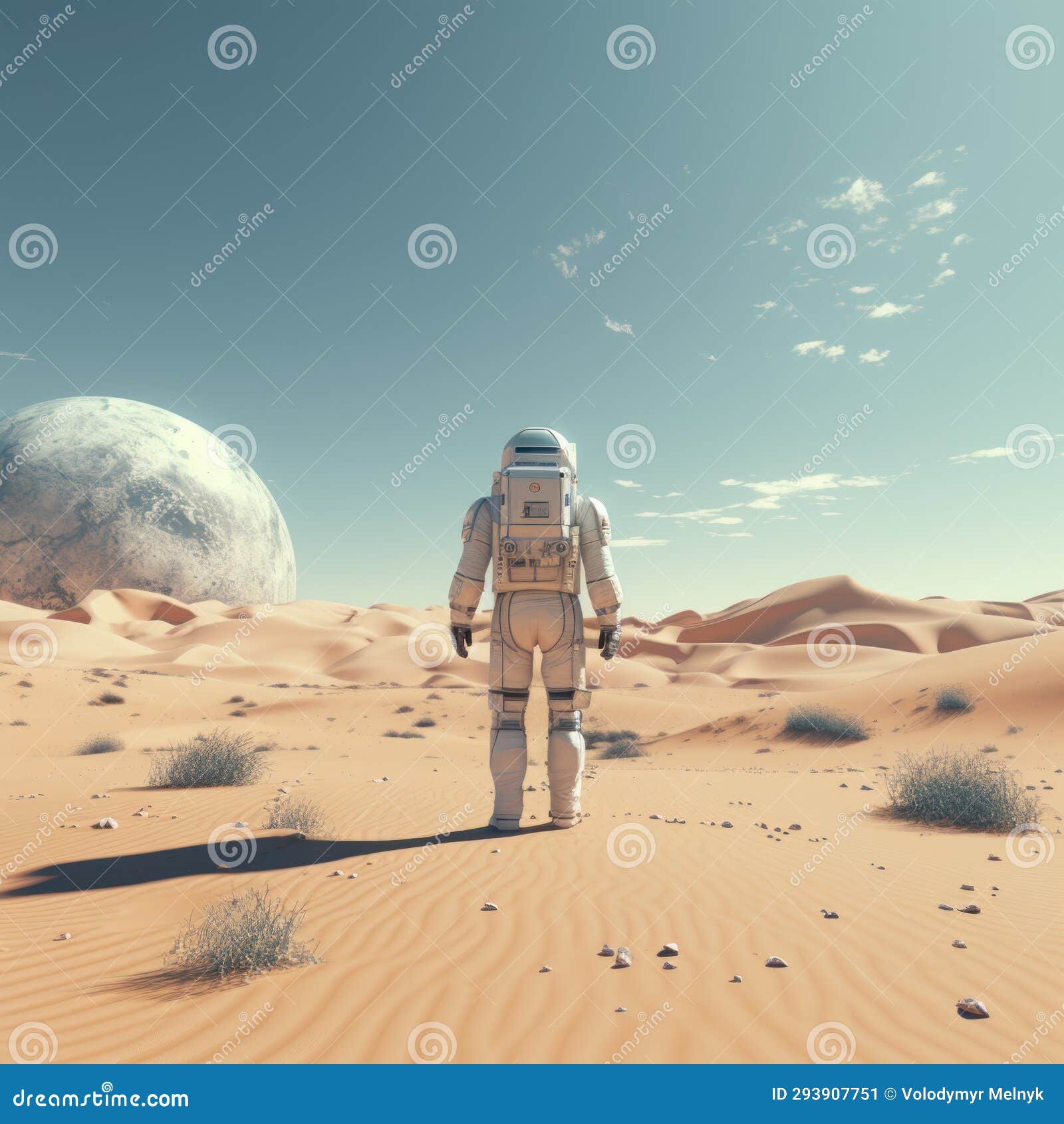 Astronaut, Explorer of Space Walking on Planet with Moon, Sand and Blue ...