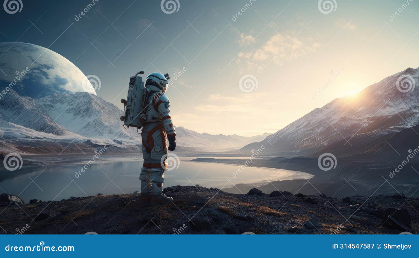 Astronaut Exploring an Exoplanet. Sci-fi Colonist in Spacesuit Walks on ...