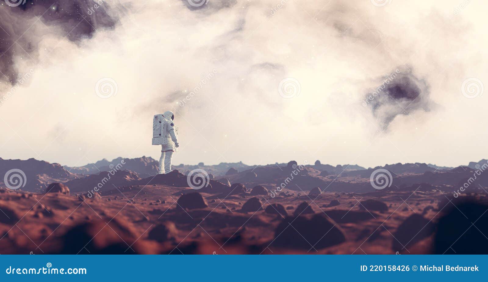 Astronaut Exploring Mars, a Red Planet. Spacewalk Stock Illustration ...