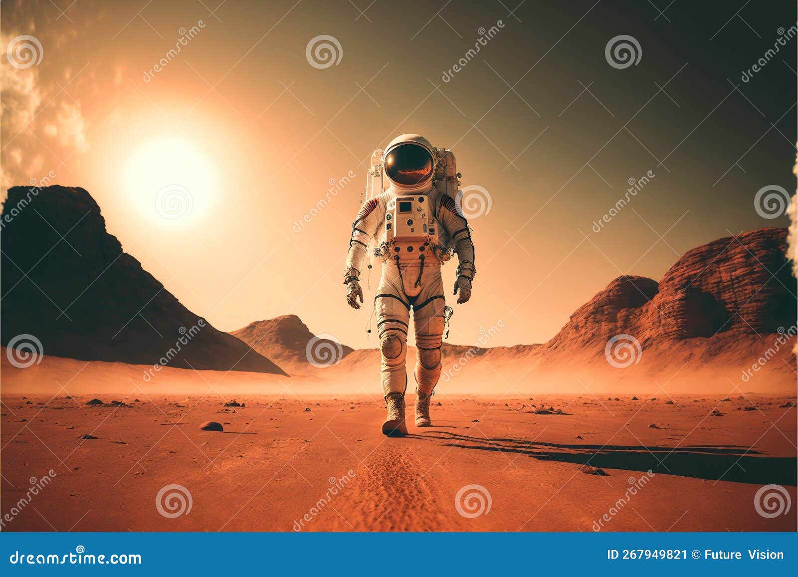 Astronaut Exploring Planet Mars with Sun and Mountains, Created Using ...