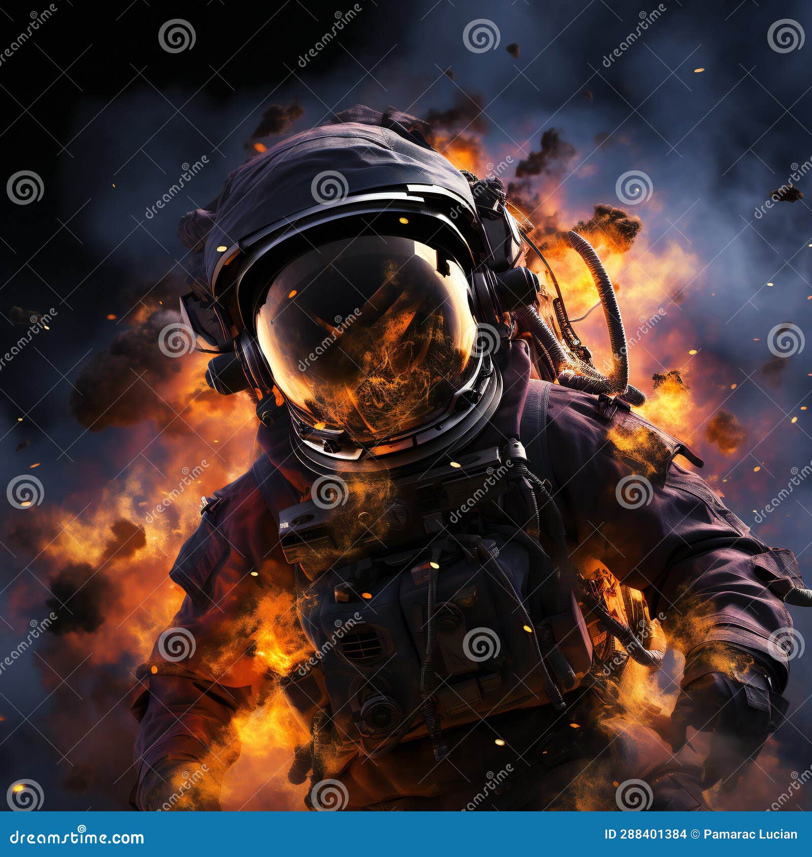 Astronaut in the Fire with a Helmet and Gas Mask. Stock Illustration ...