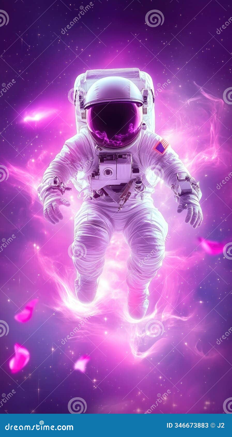 Astronaut Floating in Cosmic Pink Nebula with Glowing Particles in ...