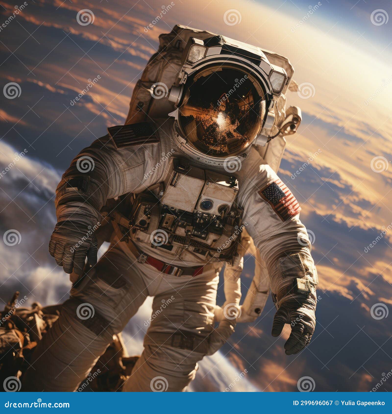 Astronaut With Tether Flying With One Hand Outstretched Reaching For ...