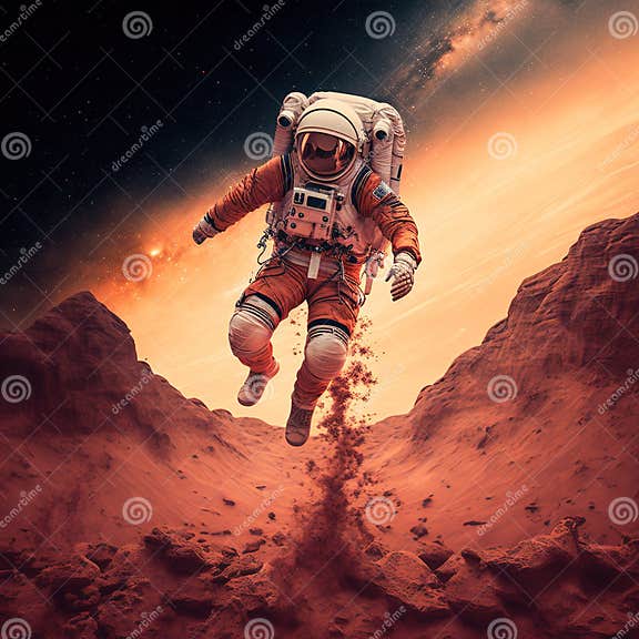 Astronaut Floating on Planet Mars with Mountains, Created Using ...