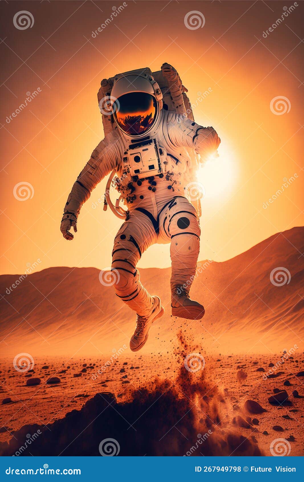 Astronaut Floating on Planet Mars with Sun and Mountains, Created Using ...