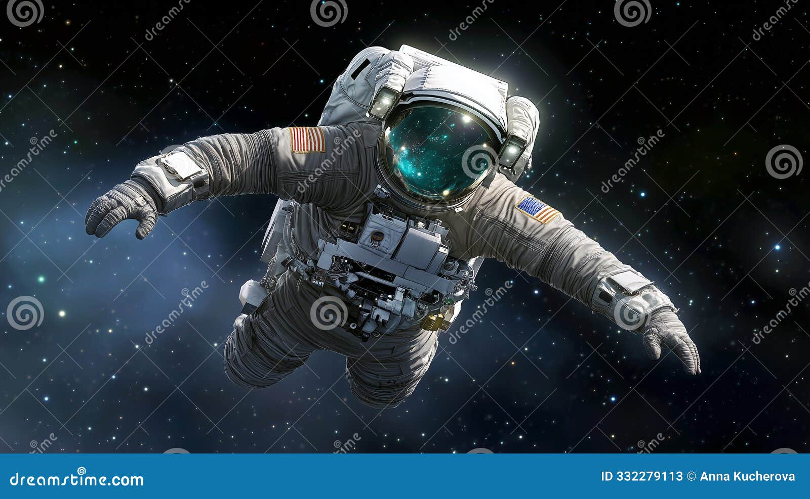 Astronaut Floating in Space with Stars in the Background, Front View ...