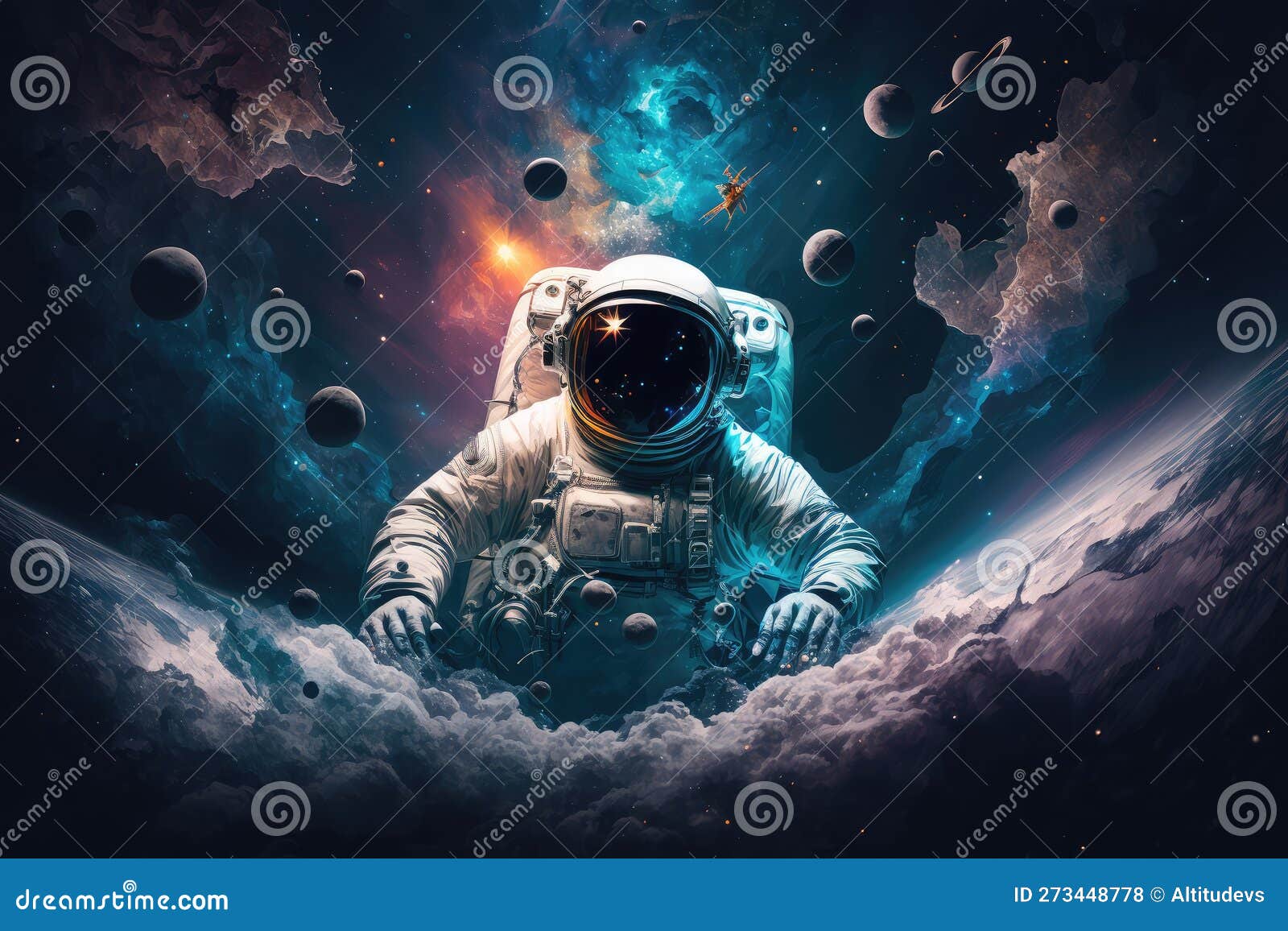 Astronaut, Floating through Space, with View of Distant Stars and ...