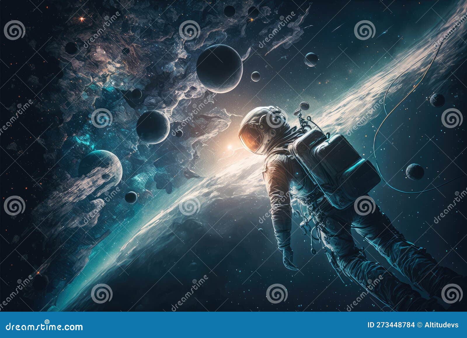 Astronaut, Floating through Space, with View of Distant Stars and ...
