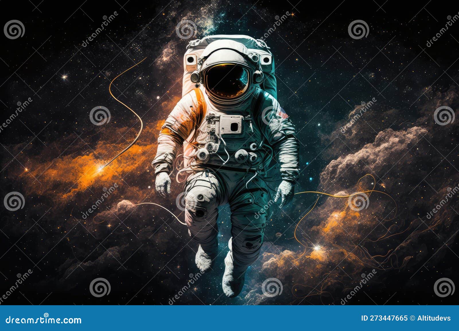 Astronaut, Floating through Space, with View of Stars and Planets ...