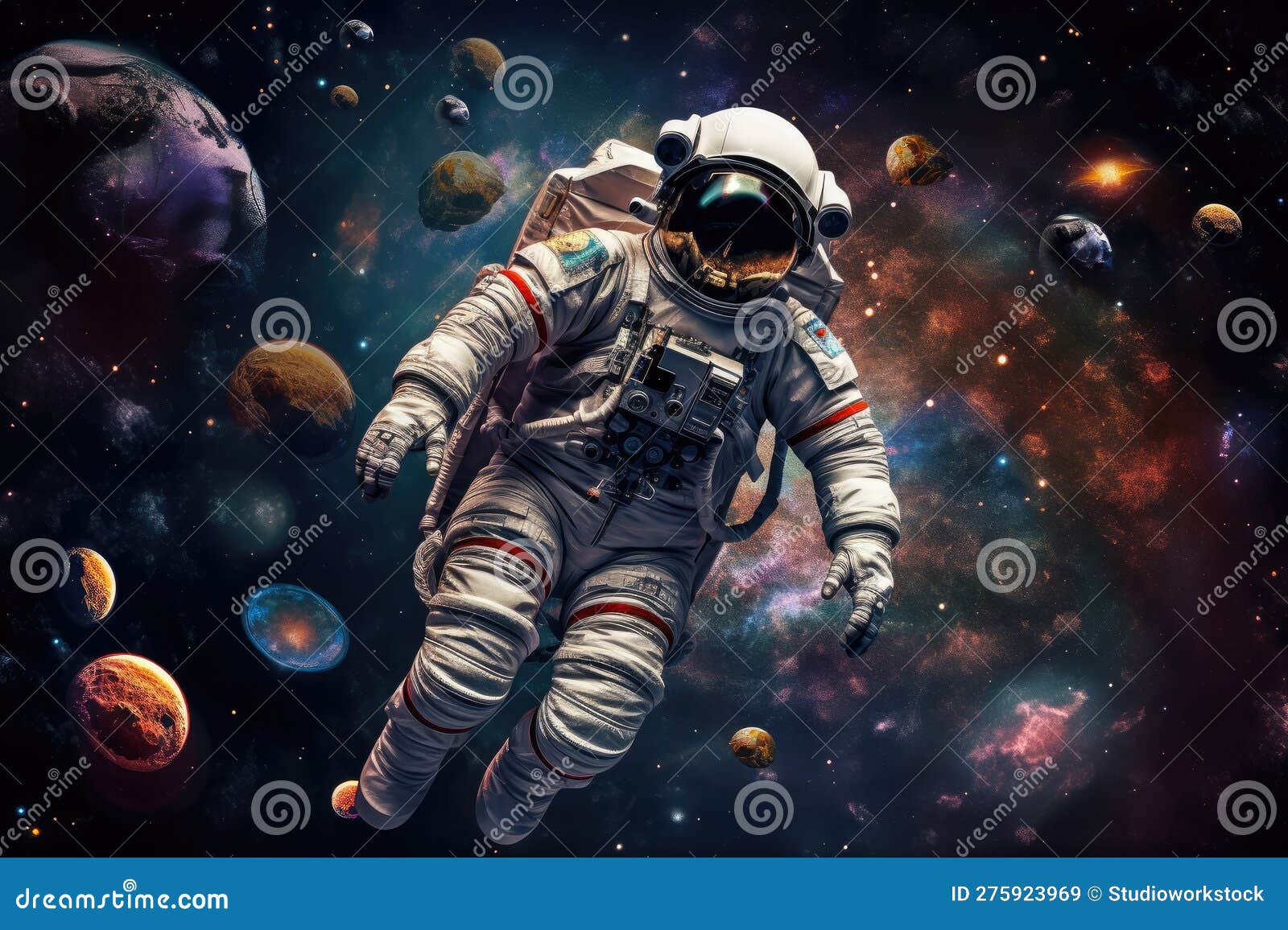 Astronaut, Floating in the Void of Space, with Planets and Stars ...