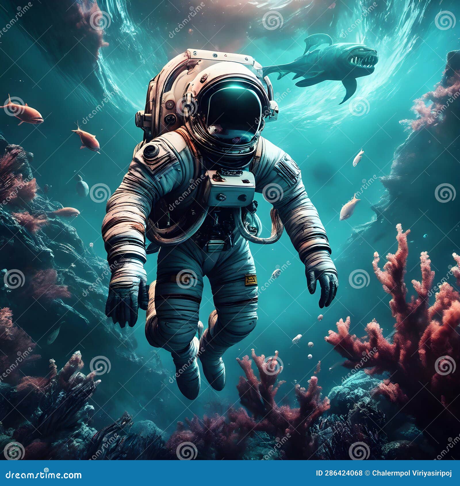 An Astronaut Floating in the Water with Fish. Stock Illustration ...