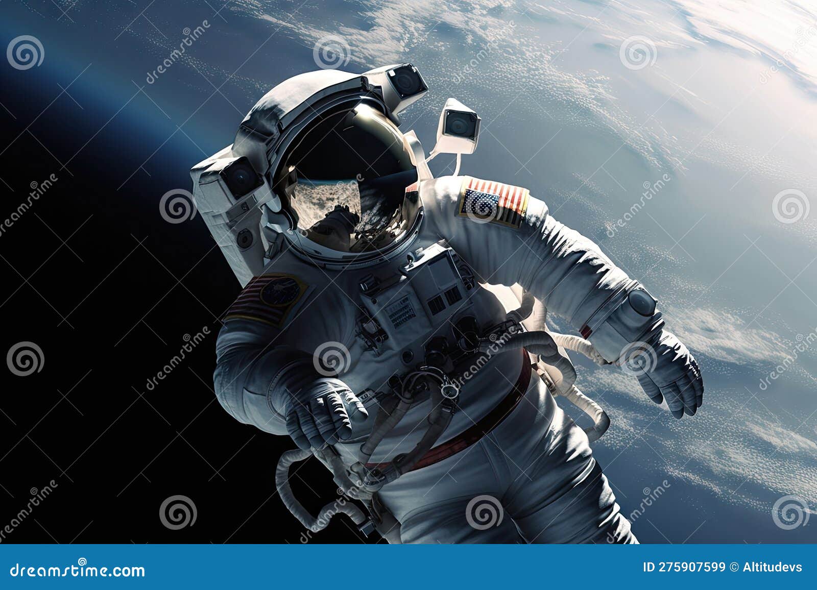 Astronaut, Floating Weightlessly in Space, with View of Distant Planet ...