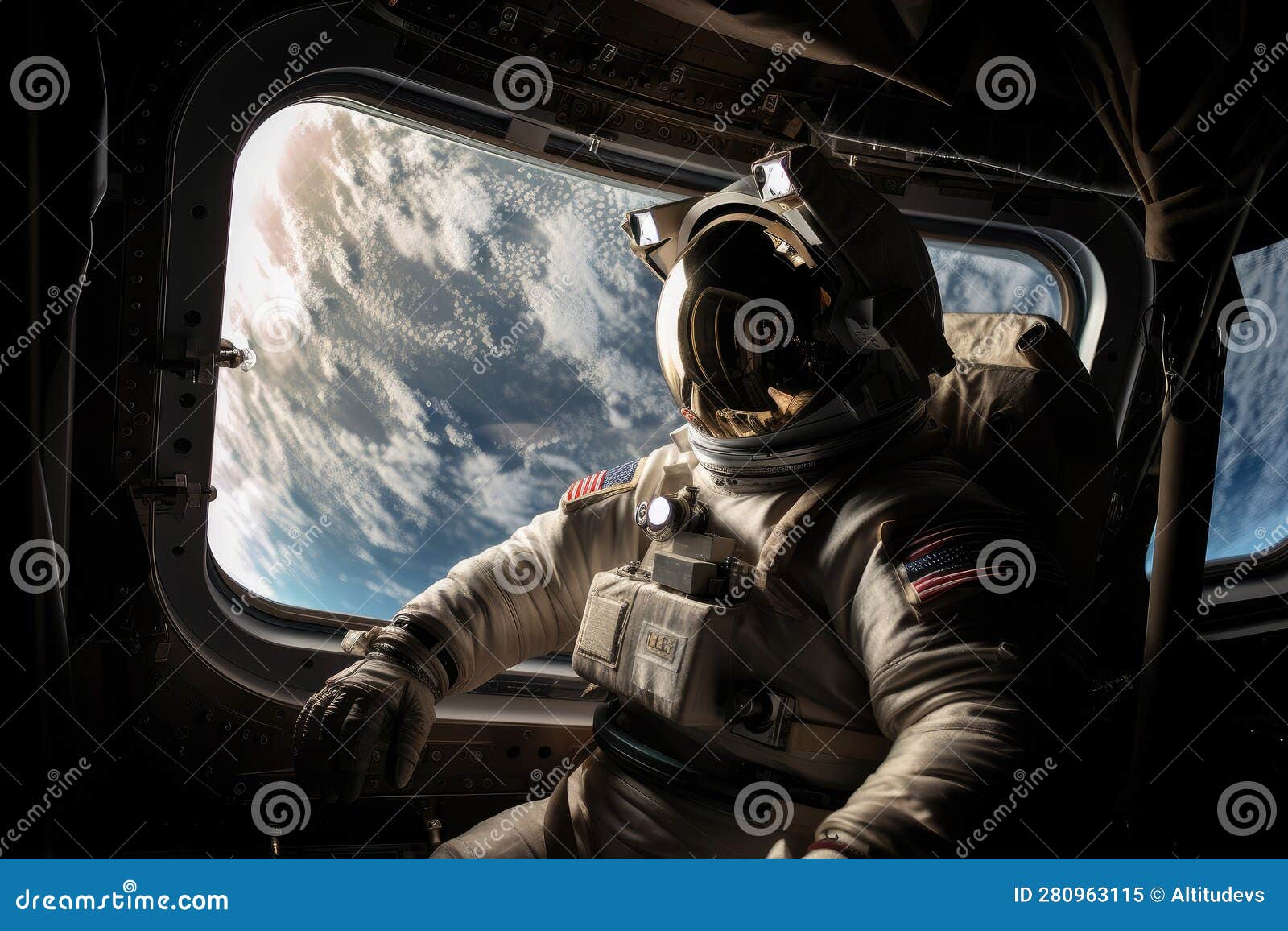 Astronaut, Floating in Zero Gravity, Looking Out of Spaceship Window at ...